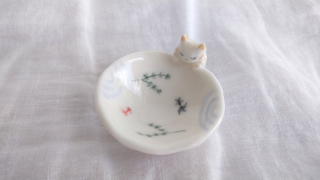 PORCELAIN Cat Kitty With Small Bowl Ceramic Figurine Miniature ...