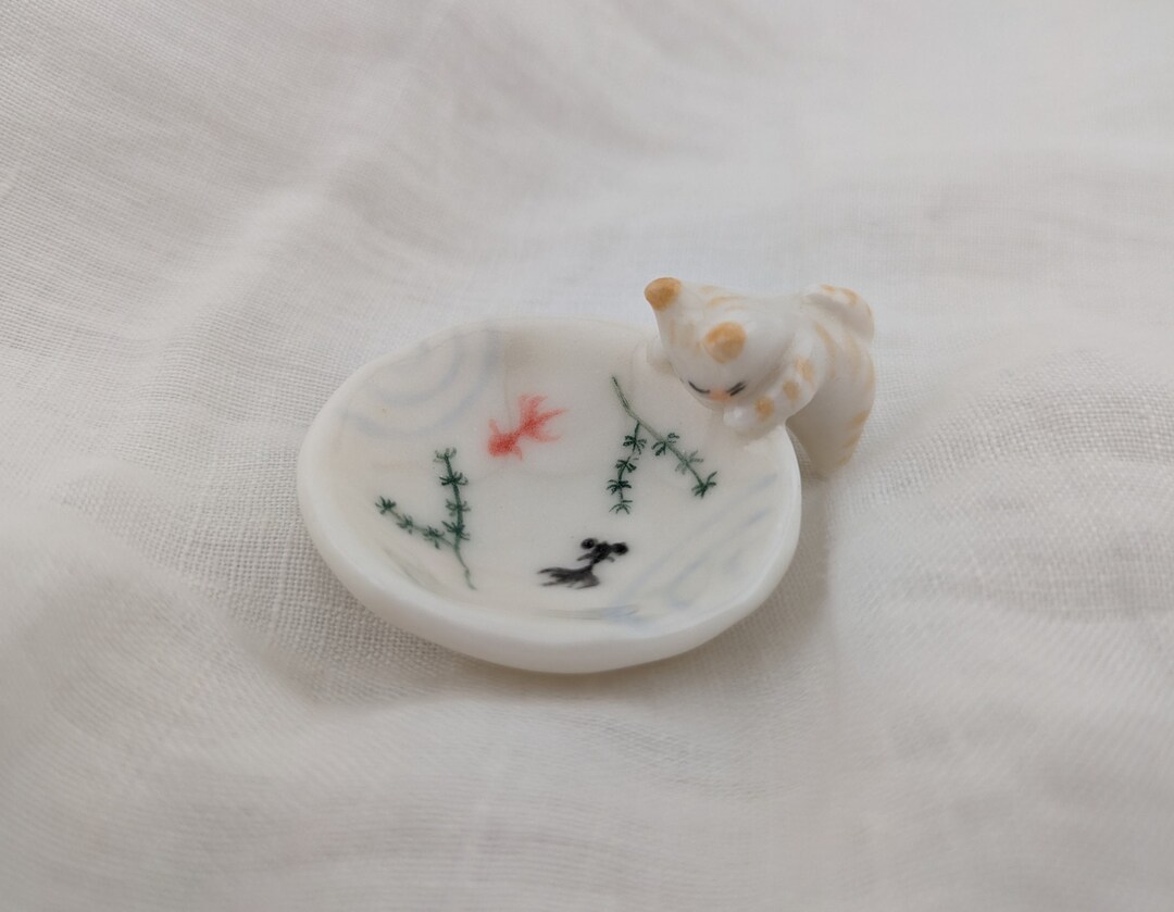 PORCELAIN Cat Kitty With Small Bowl Ceramic Figurine Miniature ...