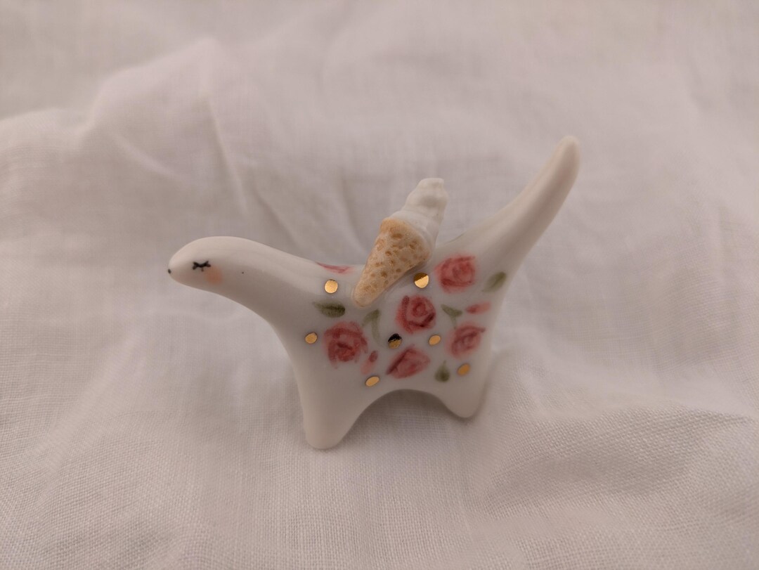 PORCELAIN Floral Dino Dinosaur Ceramic Figurine Miniature Sculpture ...