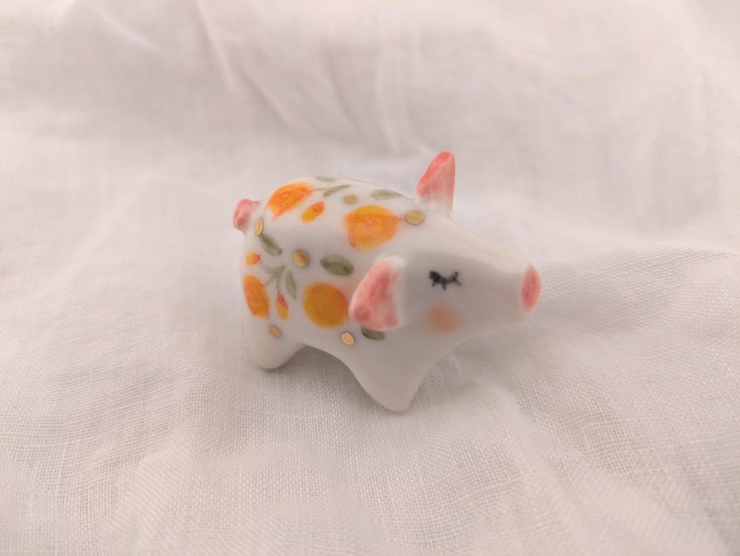 PORCELAIN Floral Pig Piggy Piglet Ceramic Figurine Miniature Sculpture ...