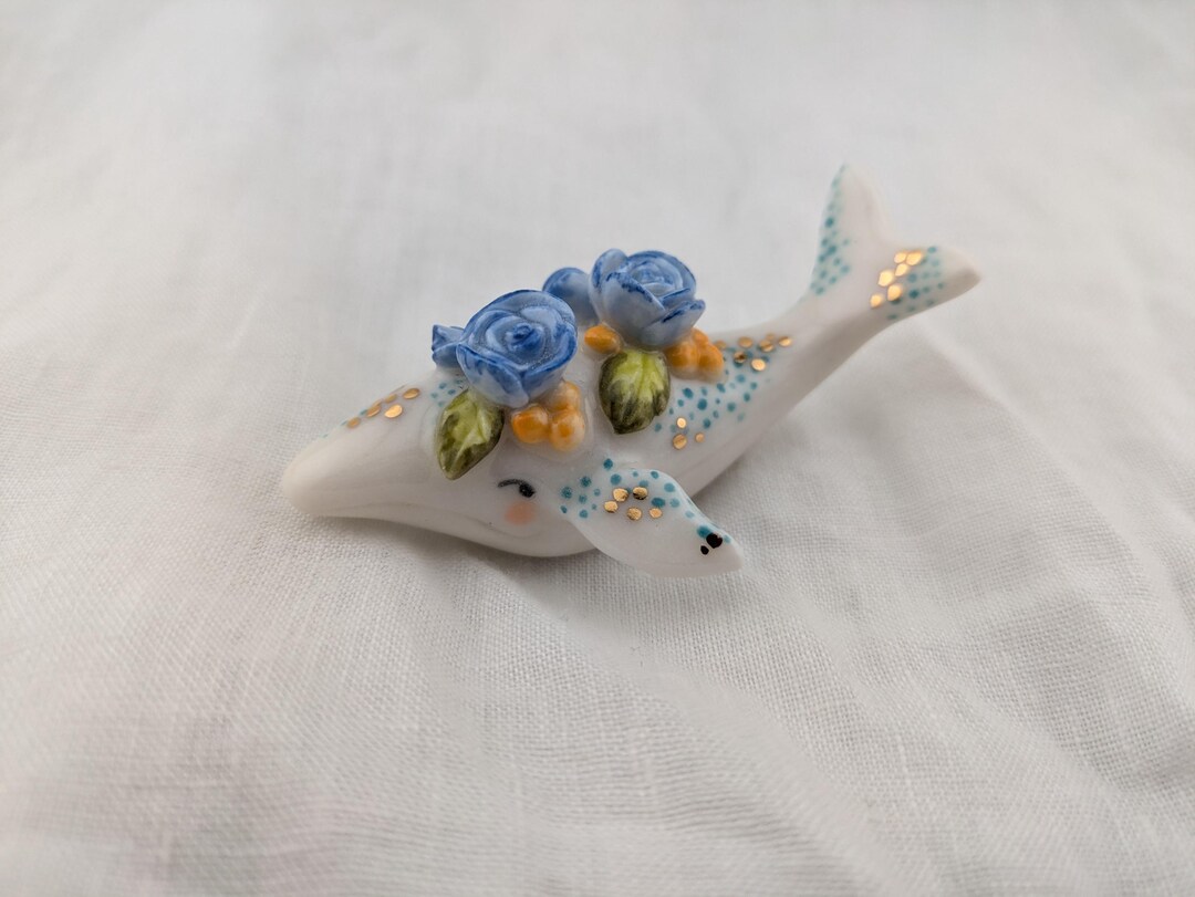 PORCELAIN Blue Roses Whale Ceramic Figurine Miniature Sculpture Animal ...