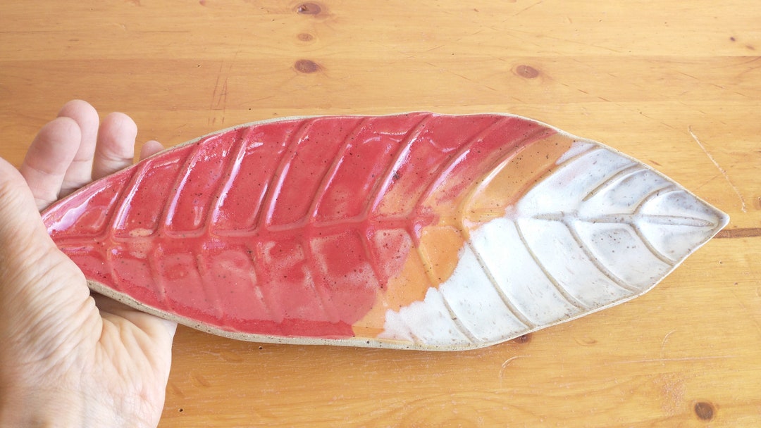 Large Leaf Shape Tray Platter Dish Plate Ceramic Cheese Olive Appetiser ...