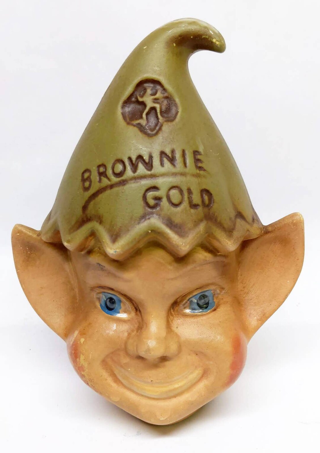 Vintage Brownie Gold Pixie Elf Head Bank Green Hat Rosy Cheeks Blue ...