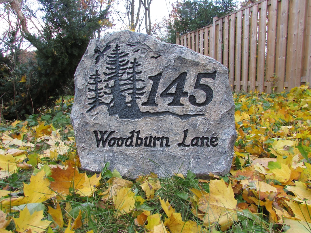 Address Stone - Artificial - With Tree Design + House Number and Text ...