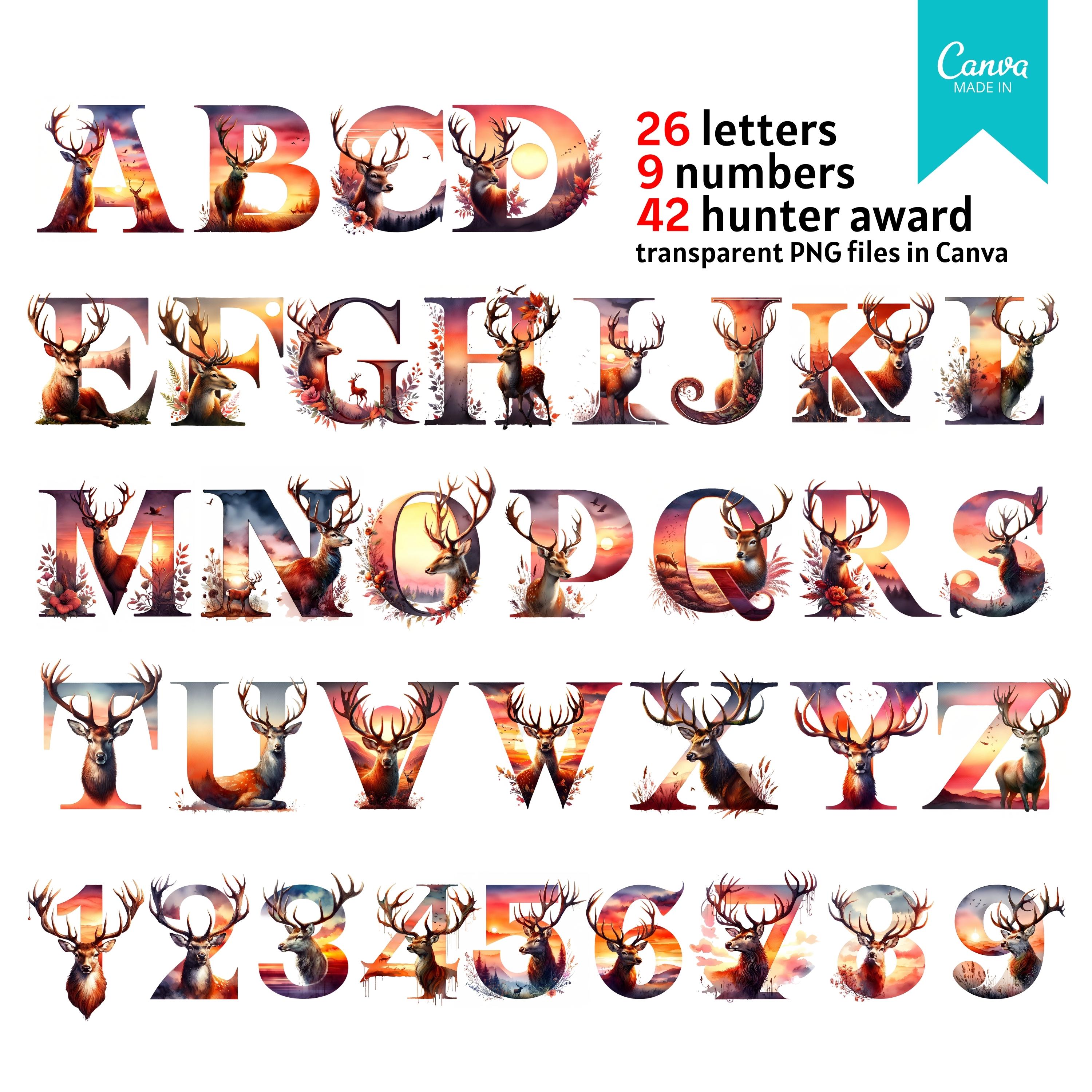 77 Hunters Forest Deer in Sunset Designs: 26 Letters, 9 Numbers and 42 ...