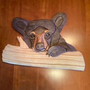 Intarsia Wood Art Bear Cub on Log Gift - Etsy