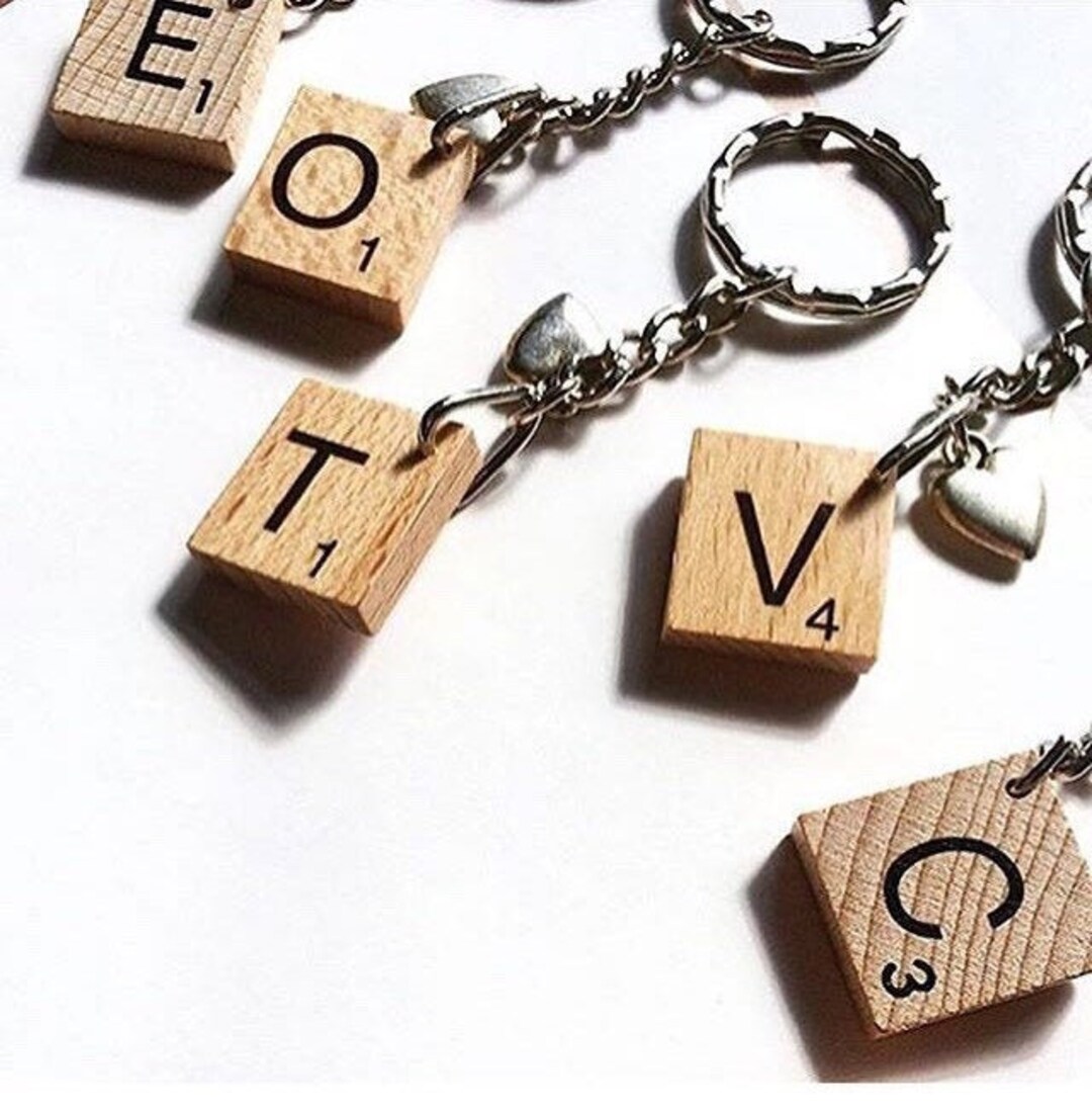 Wooden Letter Tile Personalised Initial Keyring Gift, Favour, Backpack ...