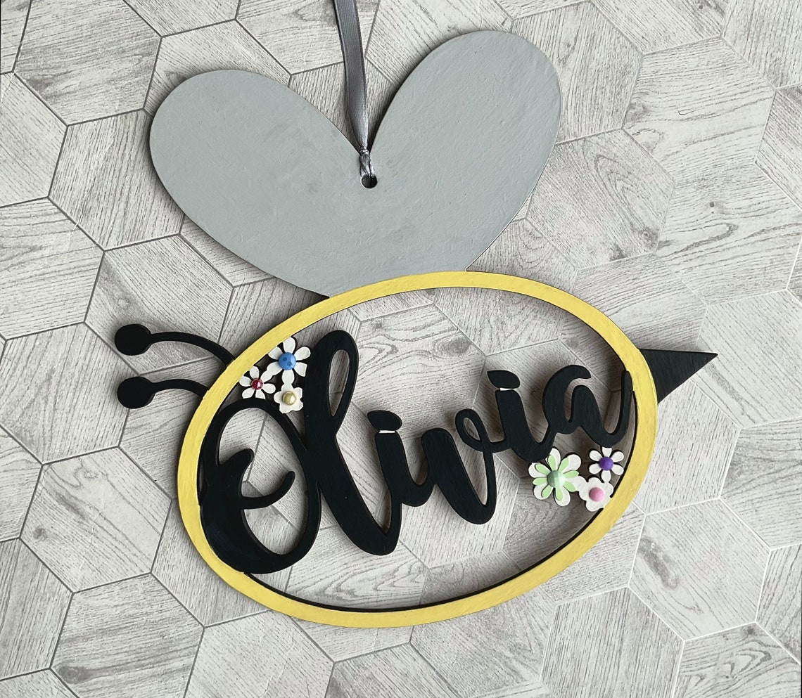 Personalised Bee Silhouette Name Shape Sign, Bedroom, Nursery Play Room ...