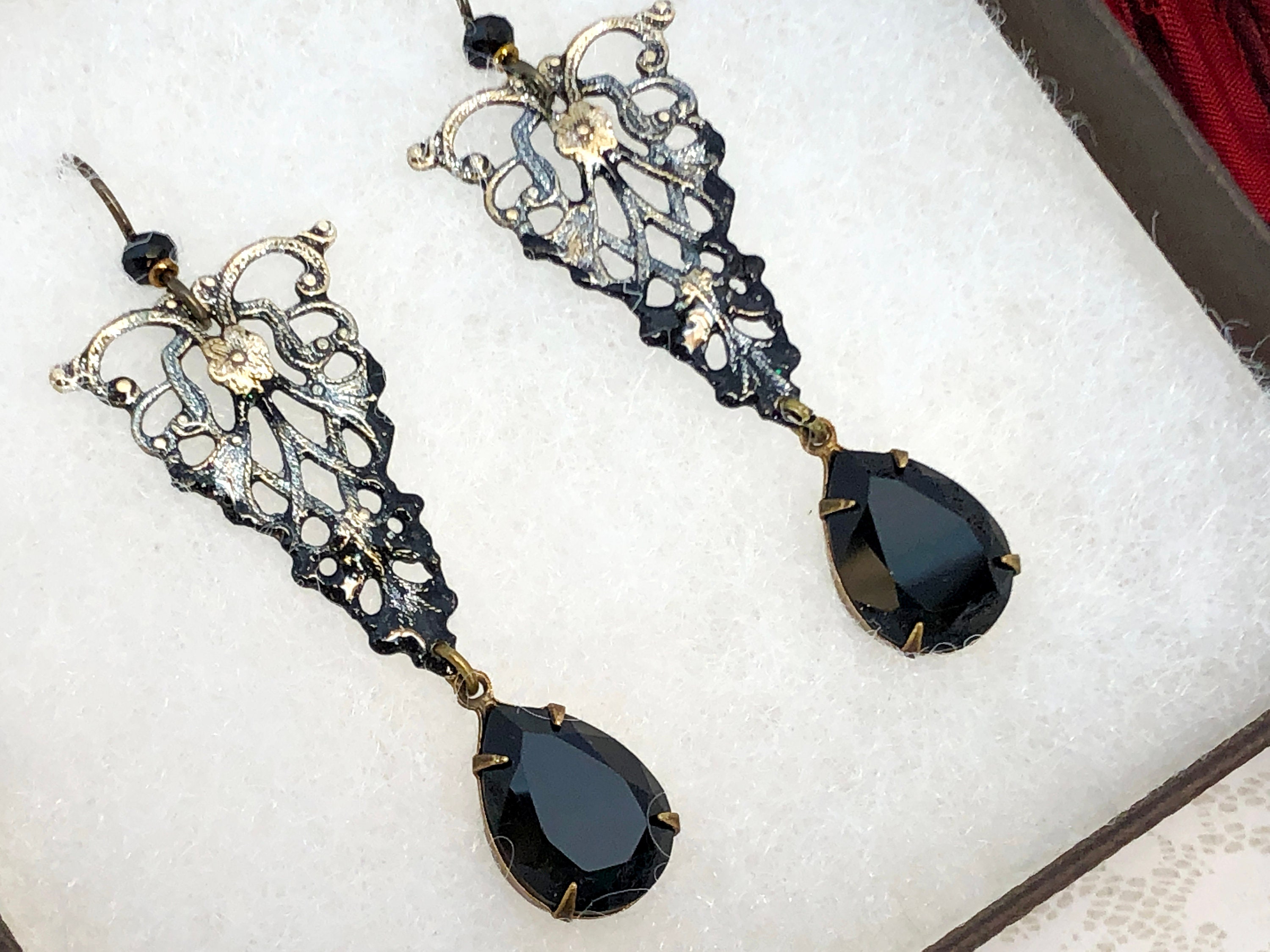 Victorian Gothic Filigree With Vintage Swarovski Jet & Niobium Earwires ...