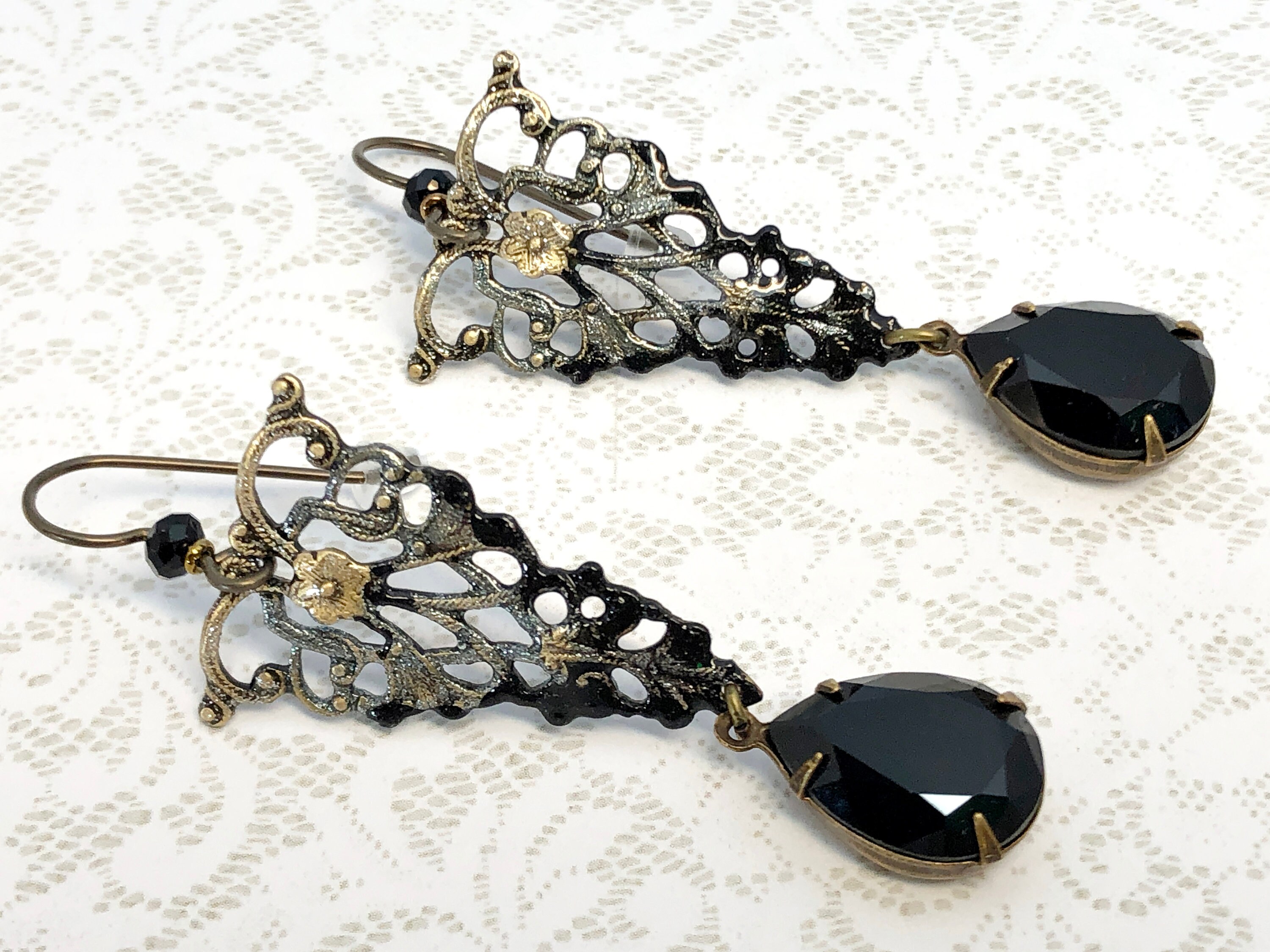 Victorian Gothic Filigree With Vintage Swarovski Jet & Niobium Earwires ...