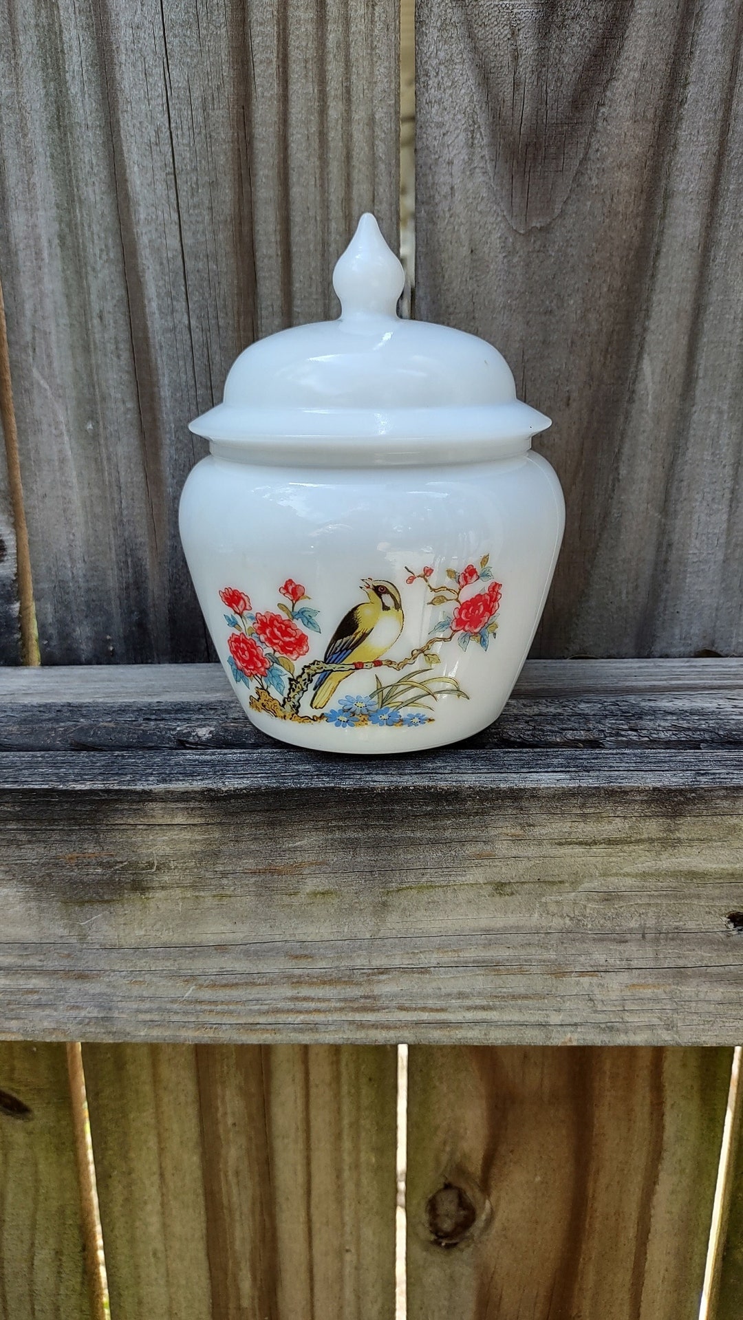1970's Milk Glass Ginger Jar, White Avon Covered Container, Bird and ...
