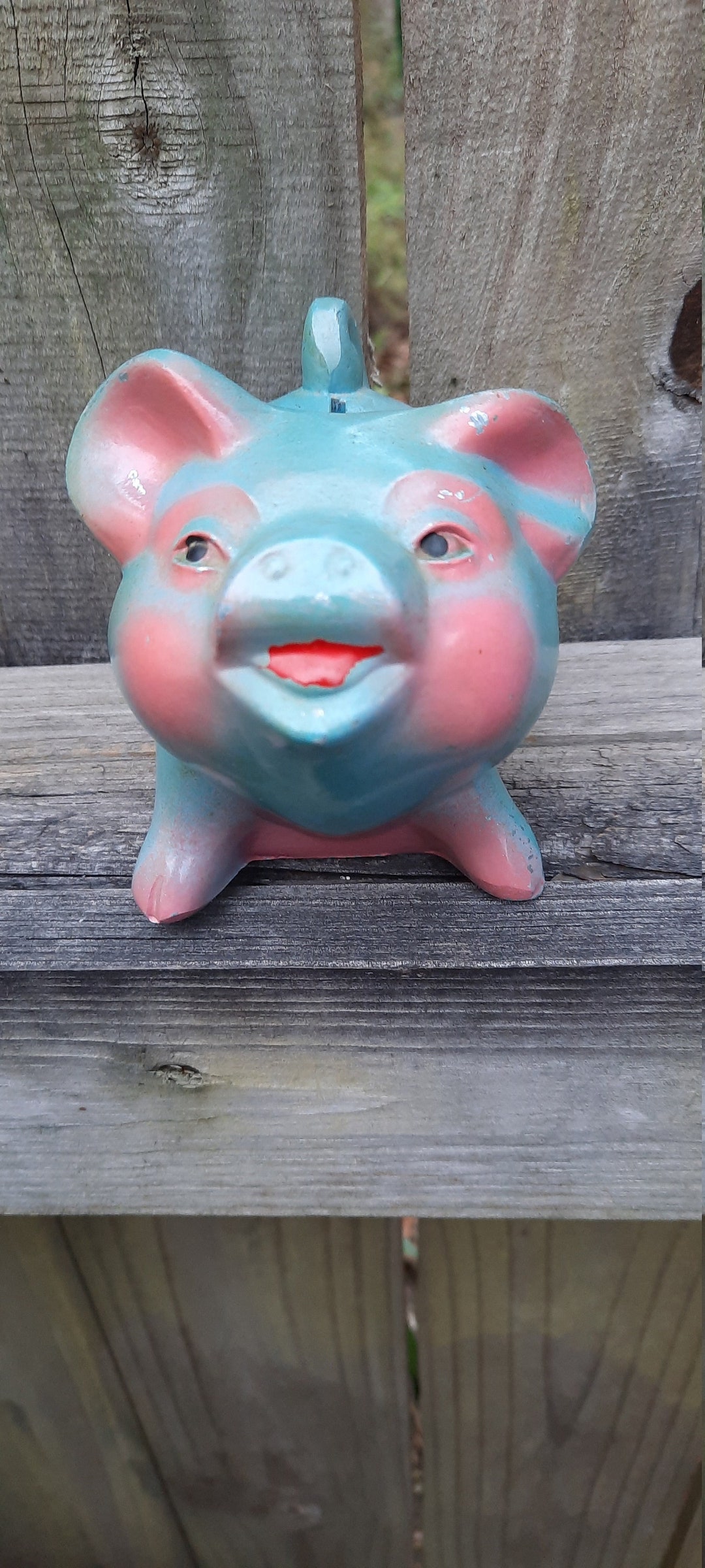 Vintage 1950's Metal Piggy Bank, Pink and Blue Painted Pig, Promotional ...