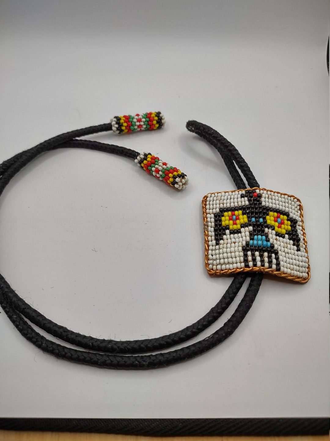 Vintage Native American Thunderbird Seed Bead Bolo Necklace, Braided ...