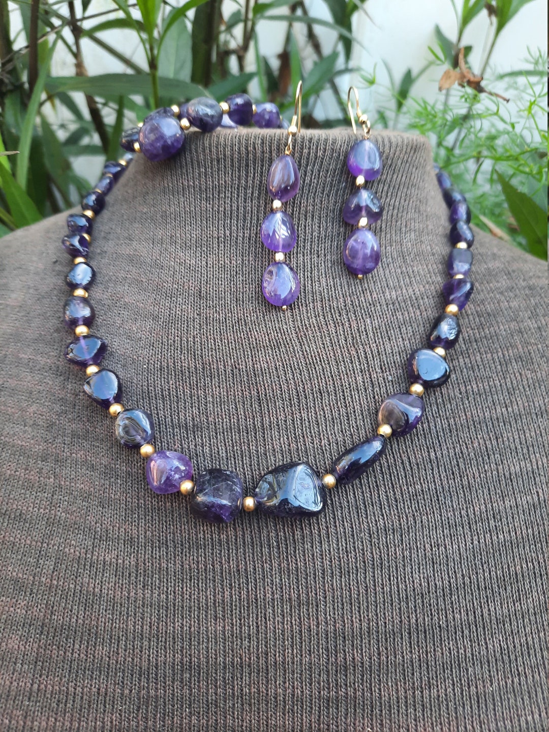 Vintage Amethyst Jewelry Set, 20 Inch Necklace, Bracelet and Pierced ...