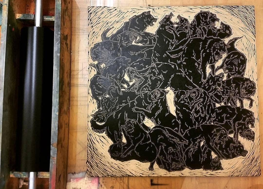 The Dance of Dominance | Lino Cut Art | Wolf Art | Wall Art| Lino Cut ...