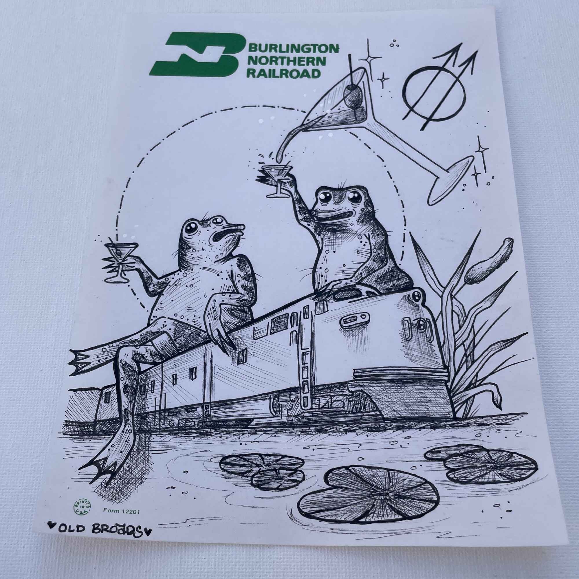 Frogs Drinking Martinis on A Locomotive Illustration on Vintage ...