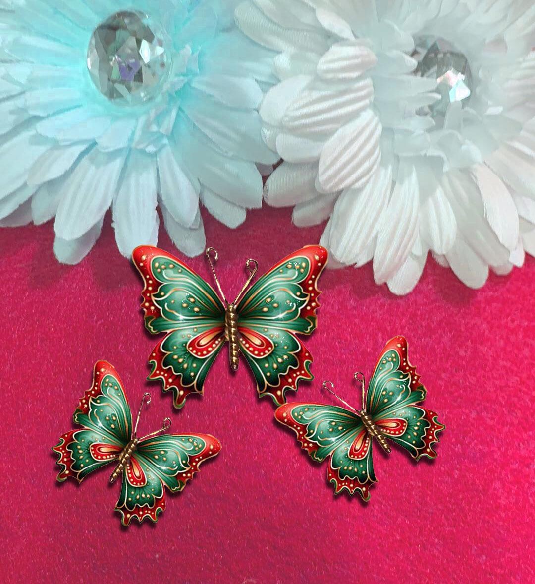 Christmas Red Green Paper Butterflies Glitter Wings Gold Glass Beaded ...