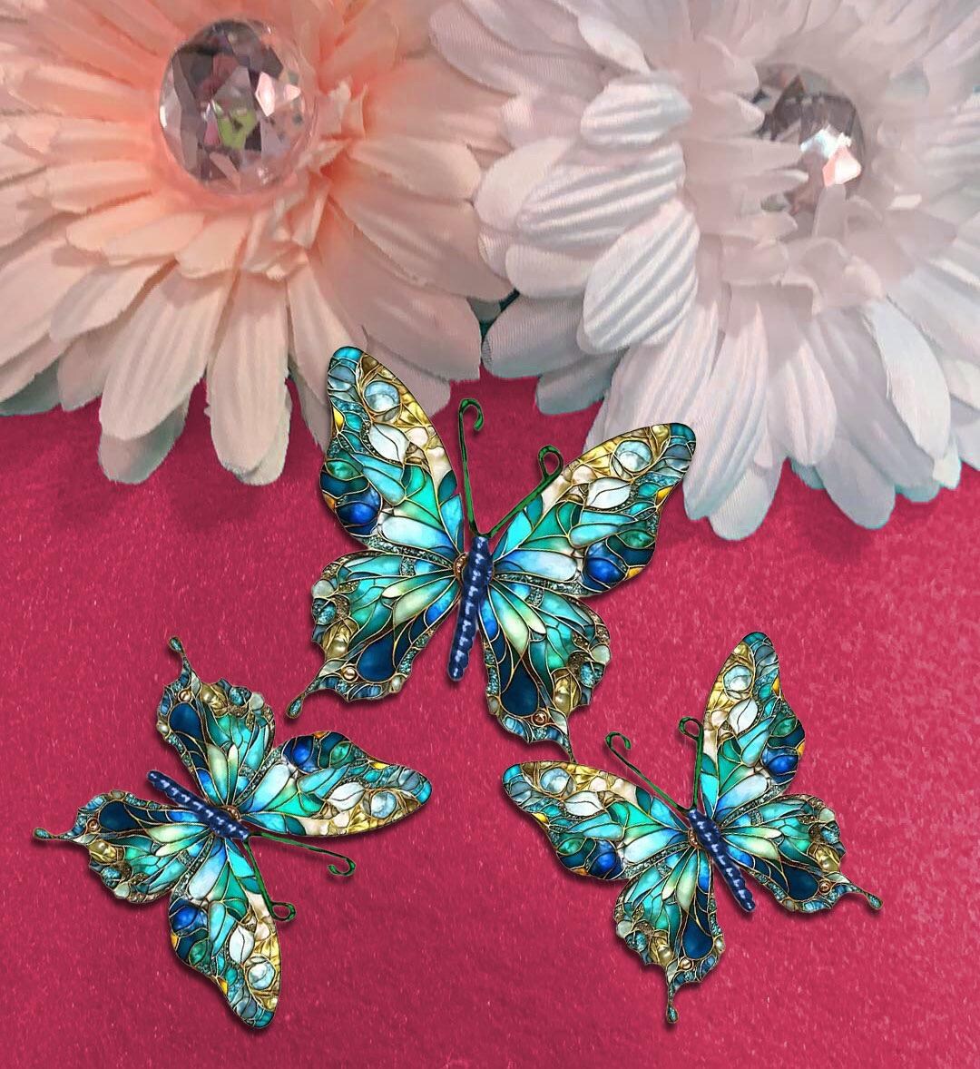 Christmas Green Stained Glass Paper Butterflies Embellishments Glitter Wings Glass Beaded Bodies ...