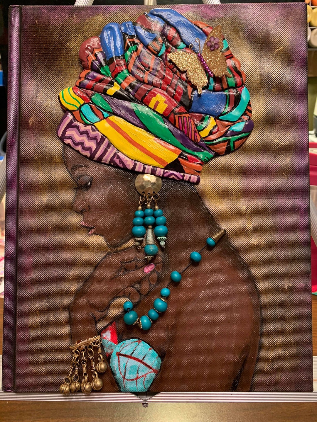 African Queen Woman Journal Sketchbook Clay Sculpted Turban Hand ...