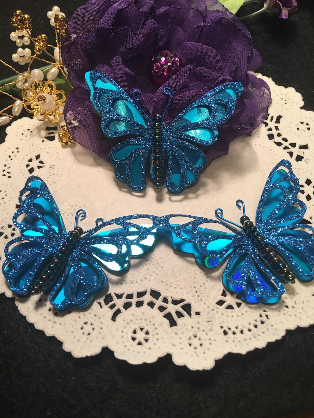 Holographic Royal Blue Paper Butterflies Embellishments Glitter Glass ...