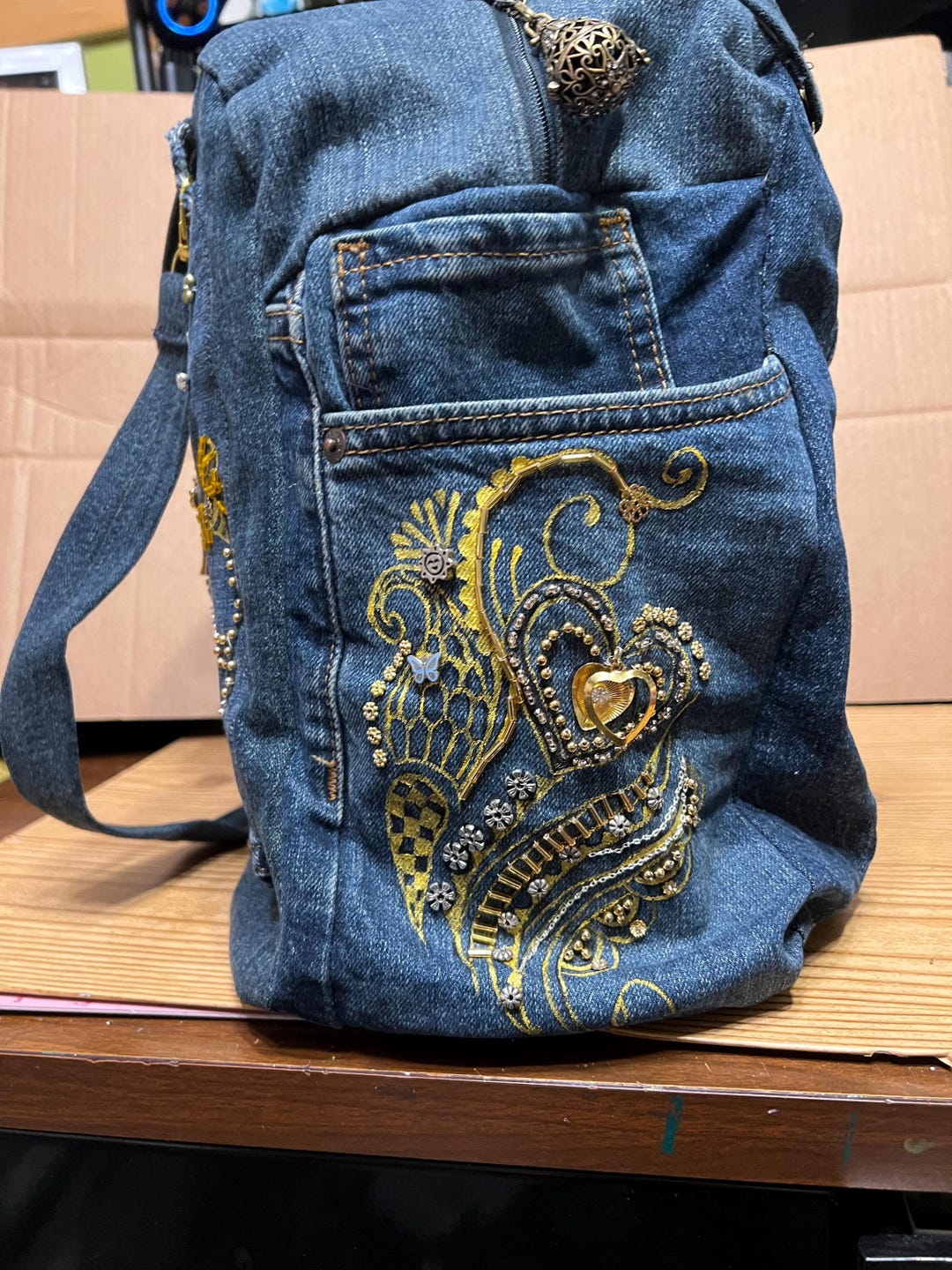 READY TO SHIP Repurposed Denim Large Backpack Tote Hand Beaded Decor ...
