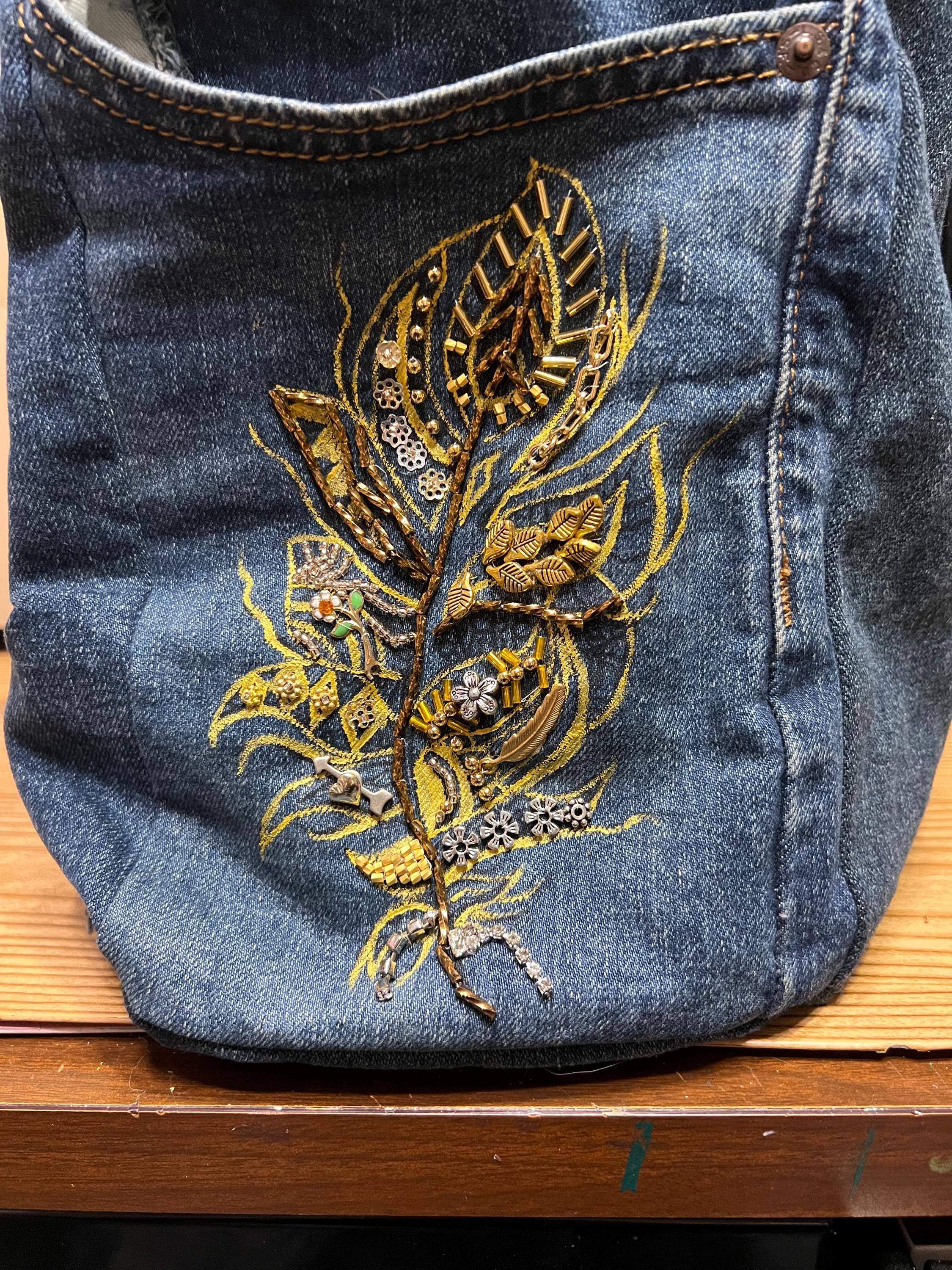 Repurposed Denim Backpack Tote, Hand Beaded Decor, Adjustable Straps - Etsy