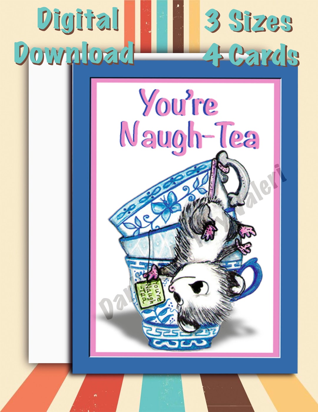 DIGITAL DOWNLOAD Blue Willow Vintage Teacup Possum Greeting Card Hand ...