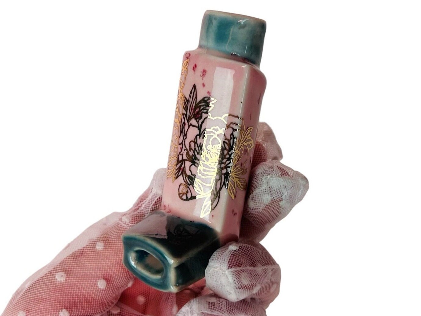 Gold Peony Pink and Peacock Inhaler Pipe