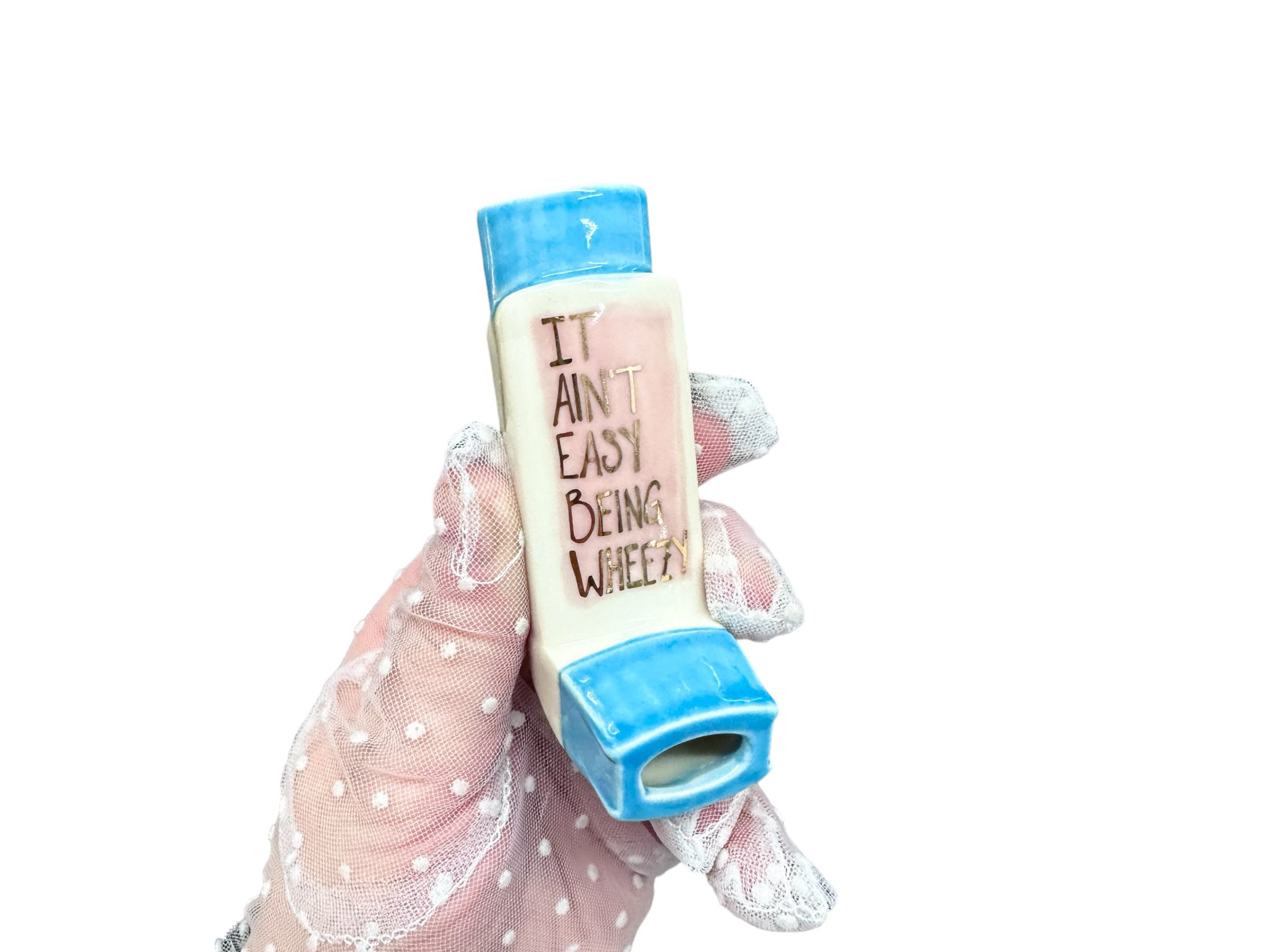 It Ain't Easy Being Wheezy White, Pink, and Blue Inhaler Pipe