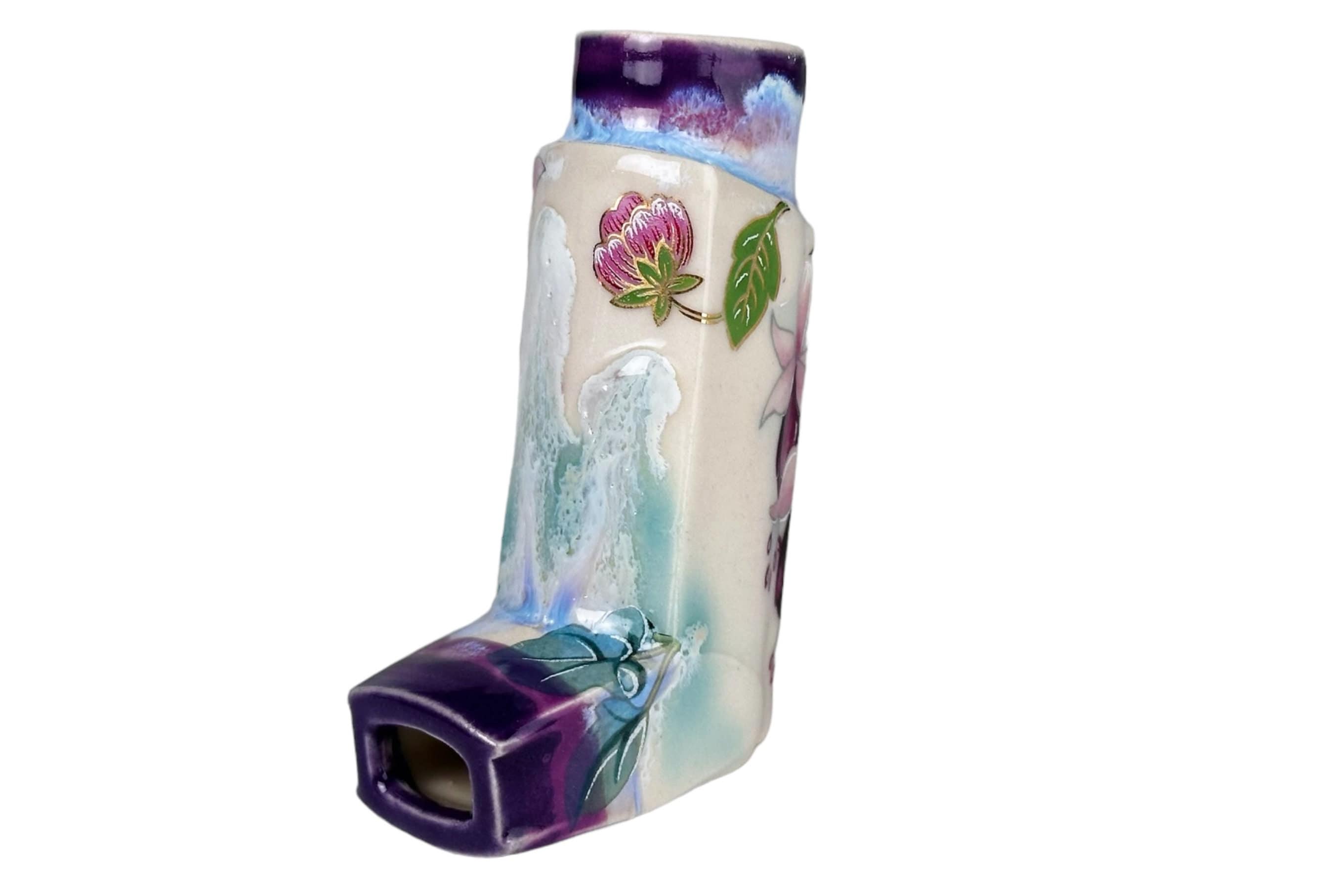 Fuscia Flowers on Drippy Green & Purple Inhaler Pipe #1