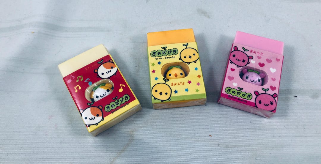 3 Mame Nakama Pea Shaped Animal Eraser Set W/figure Rabbit Hamster ...