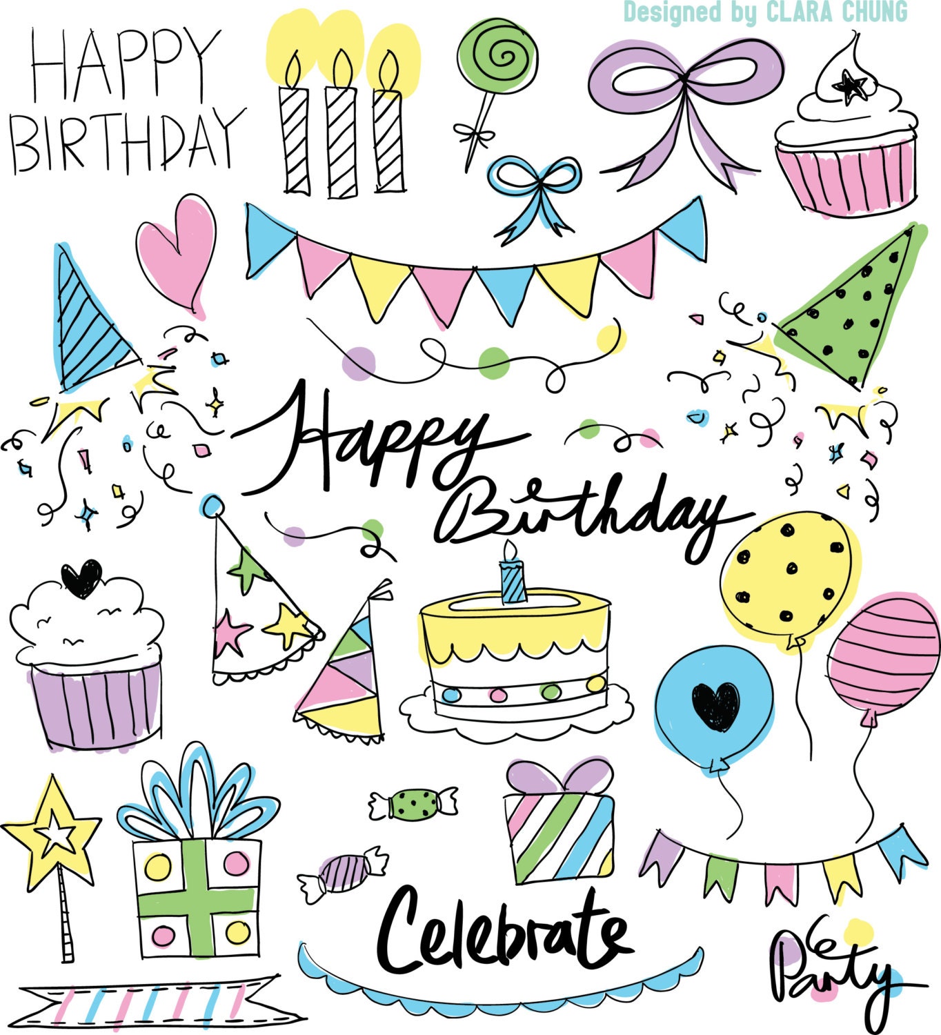 Hand-drawn Happy Birthday Clipart: Party Theme Vector (PNG, SVG, EPS ...