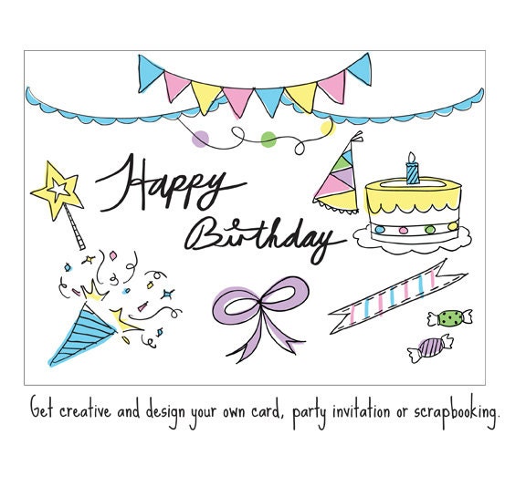 Hand-drawn Happy Birthday Clipart: Party Theme Vector (PNG, SVG, EPS ...
