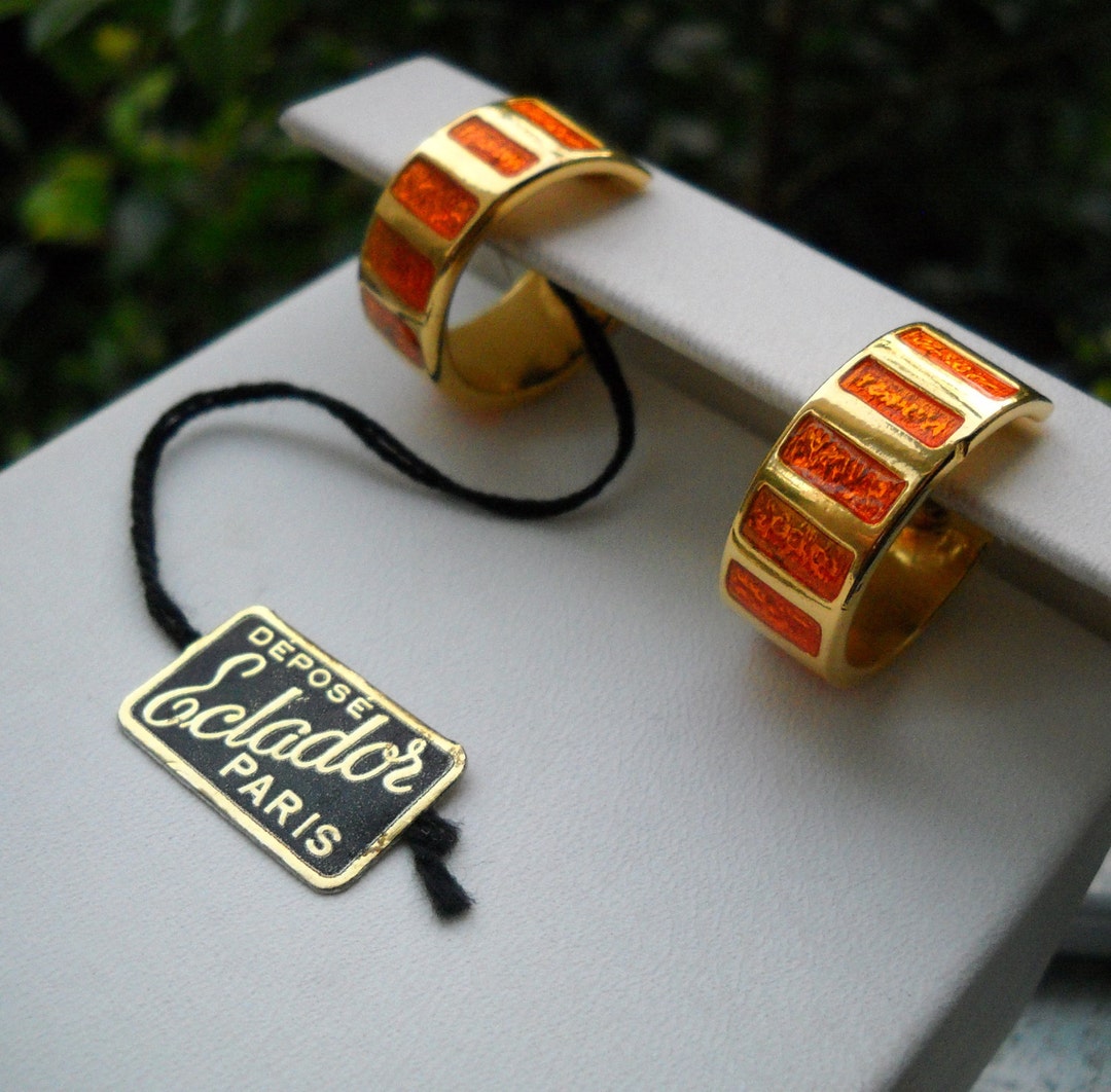 60s Eclador Hoop Earrings Gold Plated Outlines in Small Rectangles ...