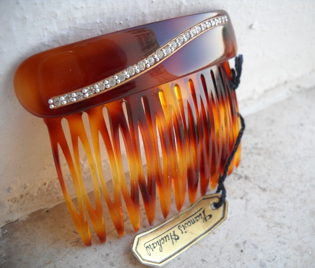 Late 80's French Hair Comb in Turtle Lucite Encrusted Crystals and ...