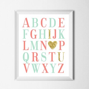 Coral Mint and Gold Alphabet Print Coral Mint Nursery Décor Baby Girl ...