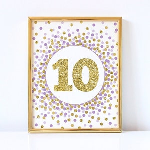 Number 10 Sign Printable Purple and Gold 10th Birthday Decorations 10th ...