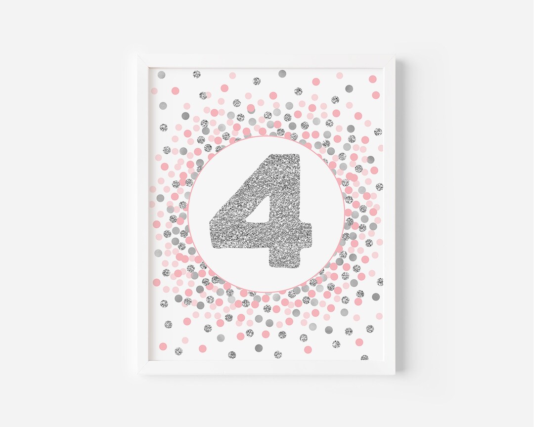 Number 4 Sign Printable Pink and Silver 4th Birthday Decorations Silver ...