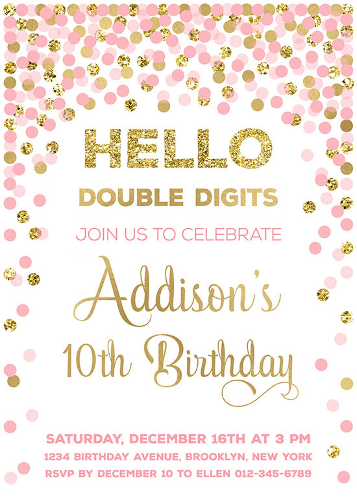 Double Digits Birthday Invitation Pink and Gold 10th Birthday - Etsy
