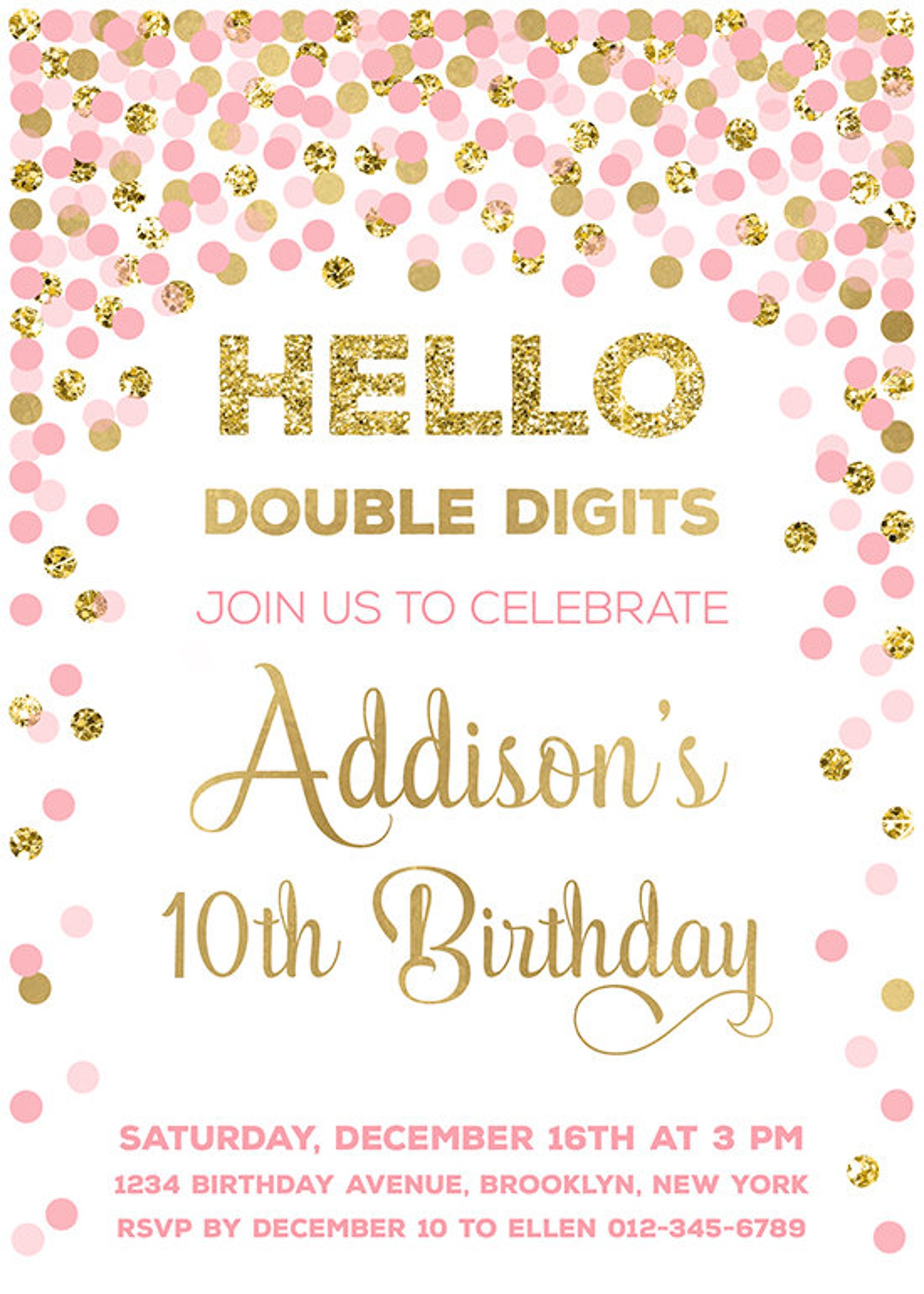Double Digits Birthday Invitation Pink and Gold 10th Birthday - Etsy