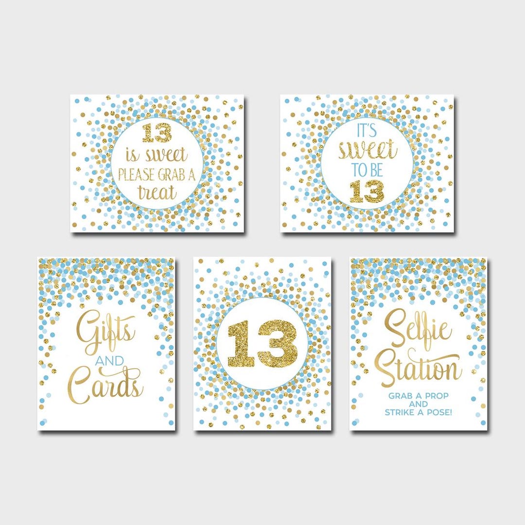 13th Birthday Table Signs Package 13th Birthday Decorations Blue Gold ...