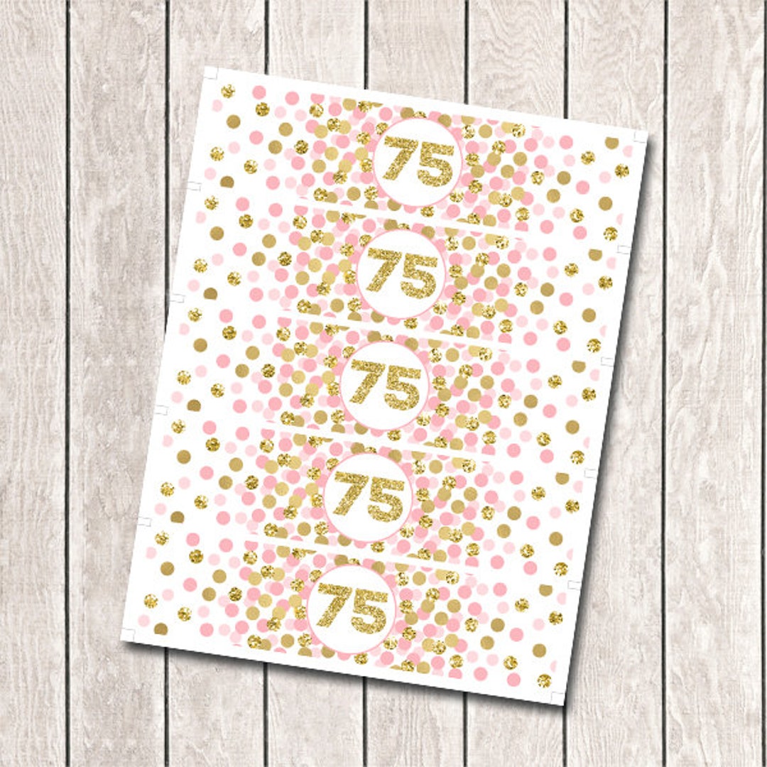 75th Birthday Water Bottle Labels Printable Pink Gold Confetti Water ...