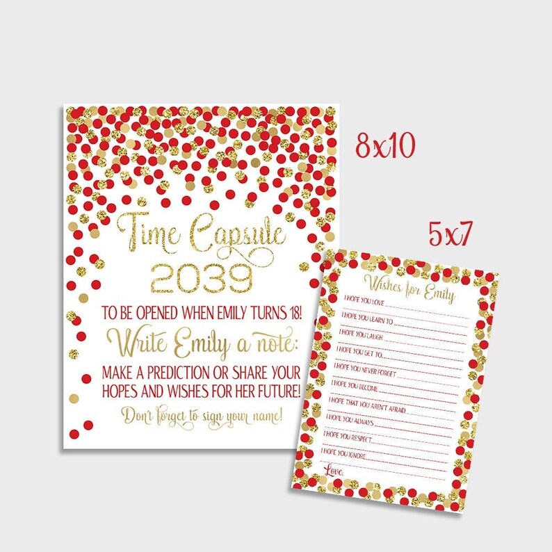 Time Capsule Sign and Wishes Cards Printable Red and Gold Time - Etsy