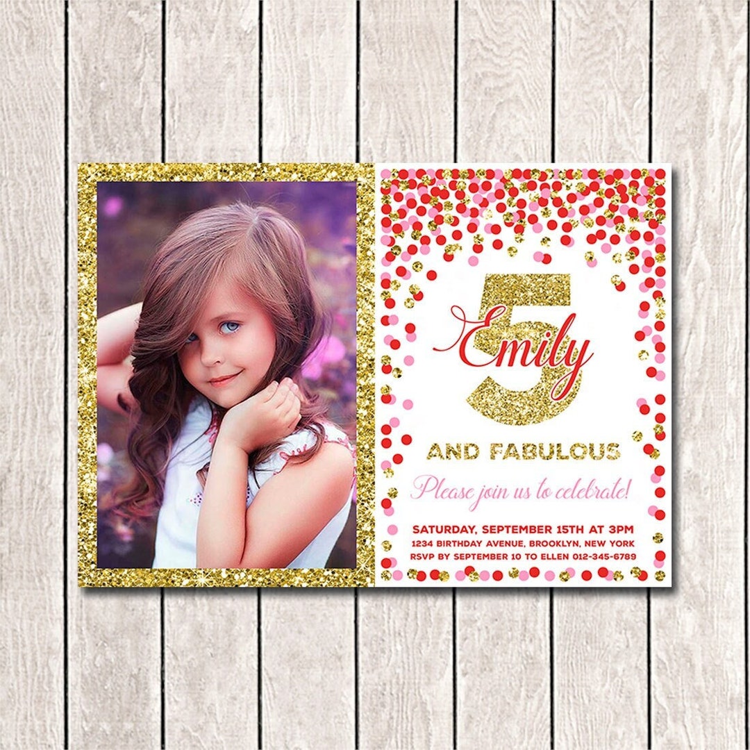 Five and Fabulous Invitation Red Pink and Gold 5th Birthday Photo ...