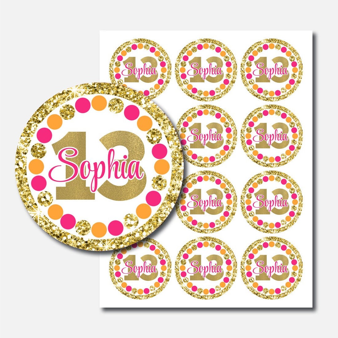 Hot Pink Orange Gold Cupcake Toppers 13th Birthday Round Labels Girl ...