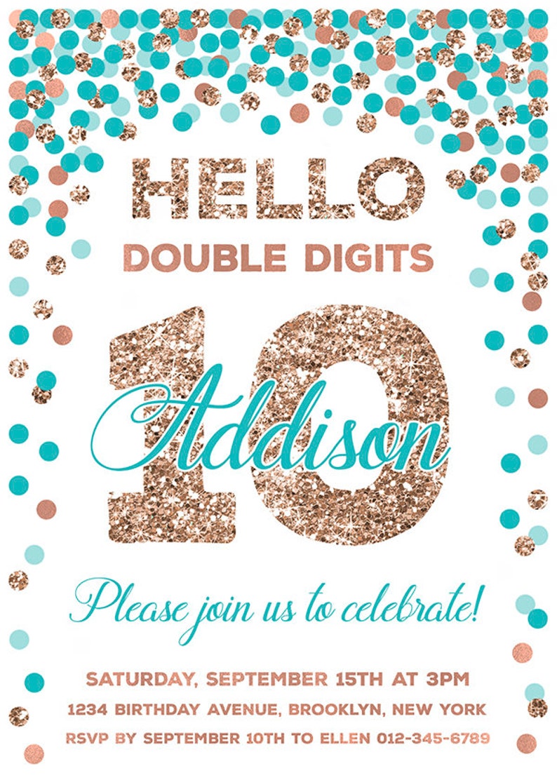 Teal and Rose Gold Double Digits Invitation 10th Birthday Invitation ...