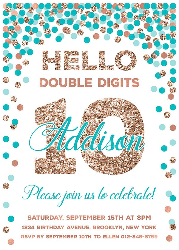 Teal and Rose Gold Double Digits Invitation 10th Birthday Invitation ...