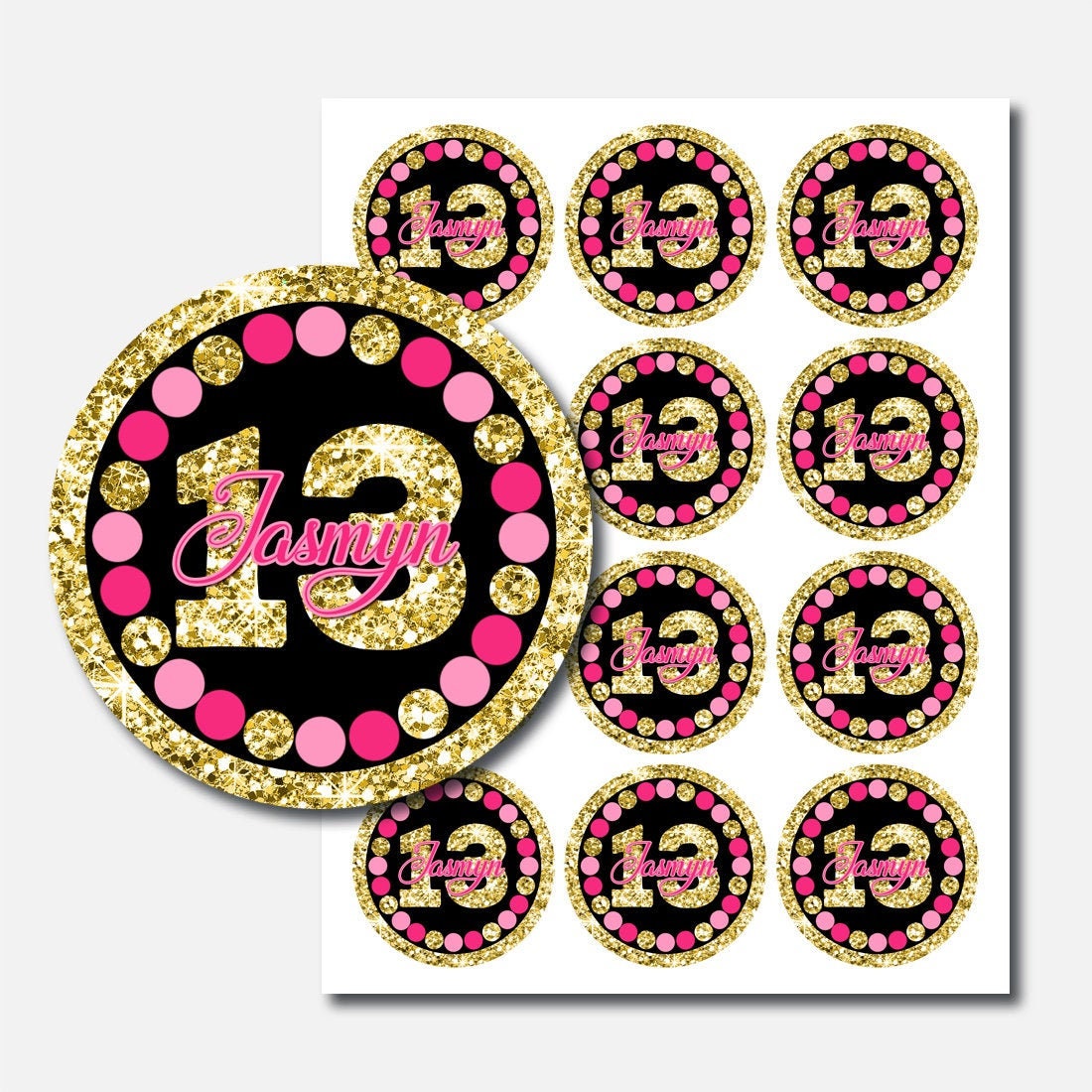 Pink and gold round labels Girl birthday tags Custom cupcake | Etsy