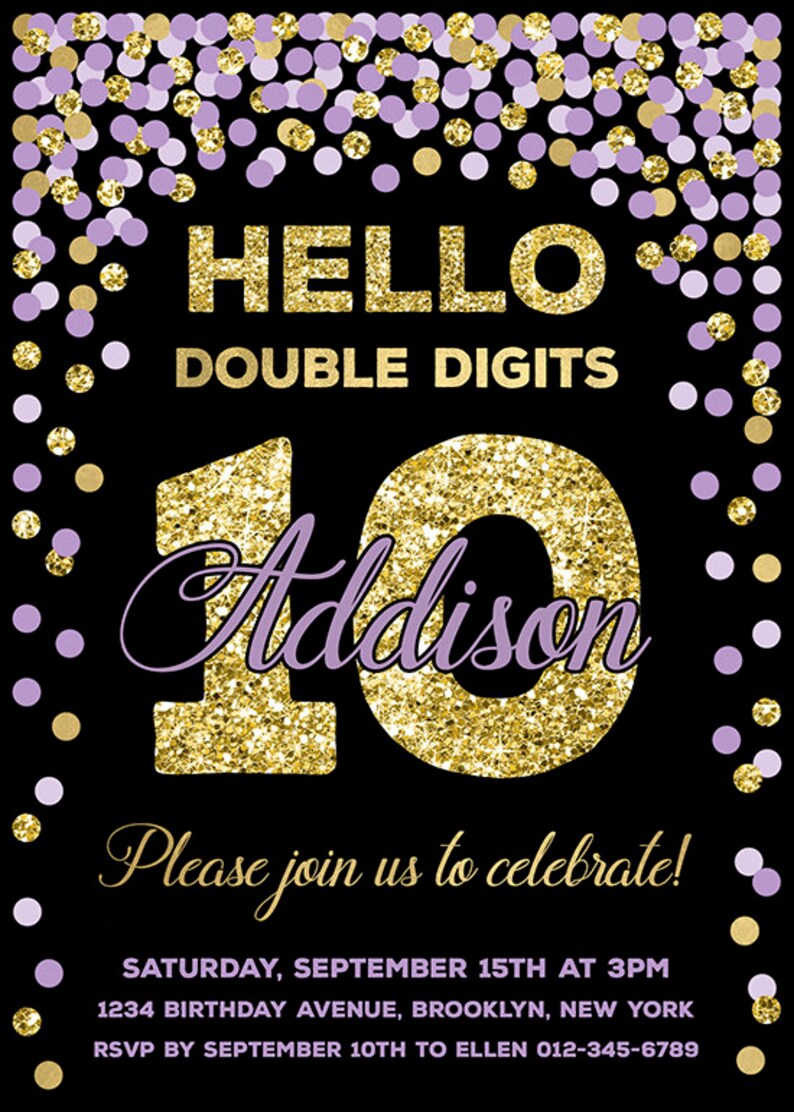 Double Digits Invitation Purple and Gold 10th Birthday - Etsy