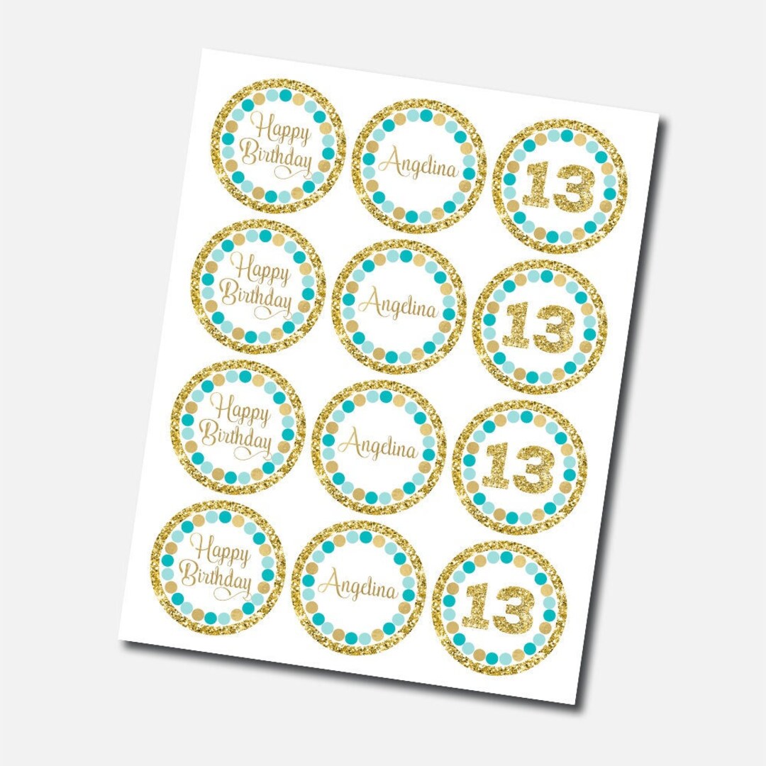 13th Birthday Cupcake Toppers Teal and Gold Birthday Decoration ...
